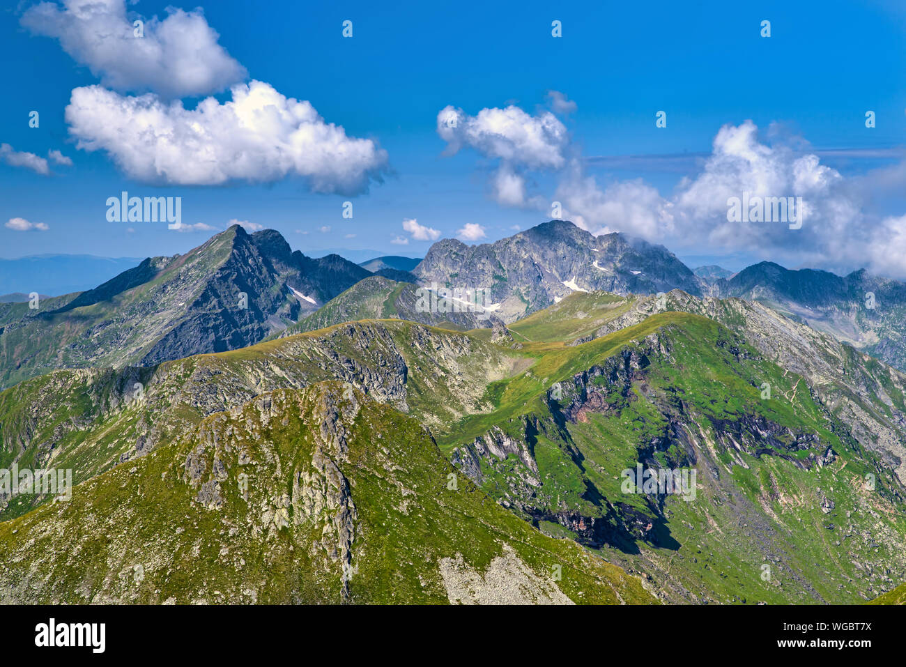 Green and rocky mountain in beautiful summer day. Fagaras Mountains in ...