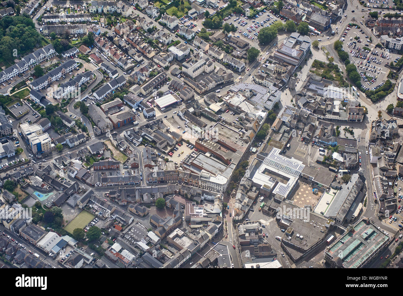 An aerial view of Newton Abbot town centre, Devon, South West England ...