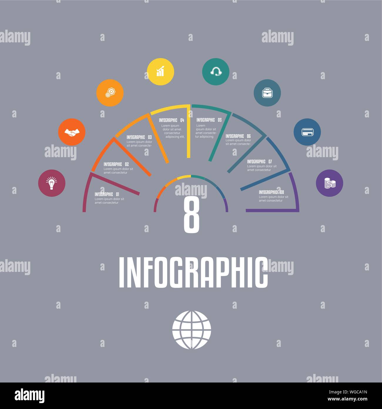 Infographic Template from colourful lines Semicircle with text areas on ...