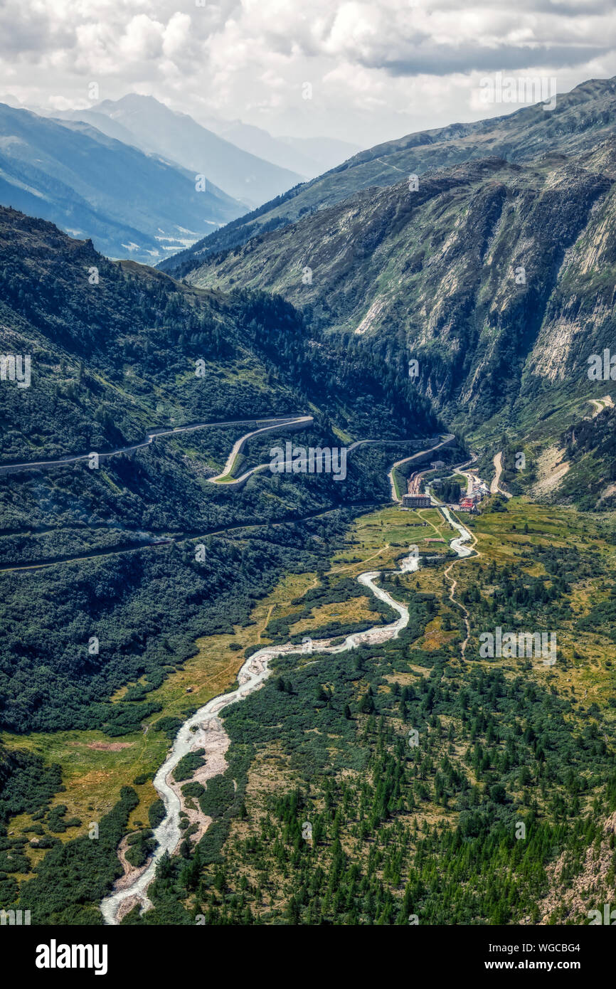 panorama view from rhone glacier to furka and grimsel pass near gletsch ...