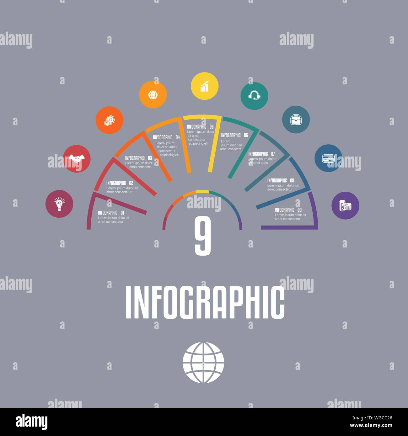 Timeline infographic template nine positions hi-res stock photography ...