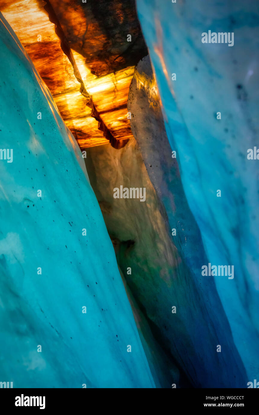 blue ice inside a cave under melting rhone glacier, switzerland Stock ...