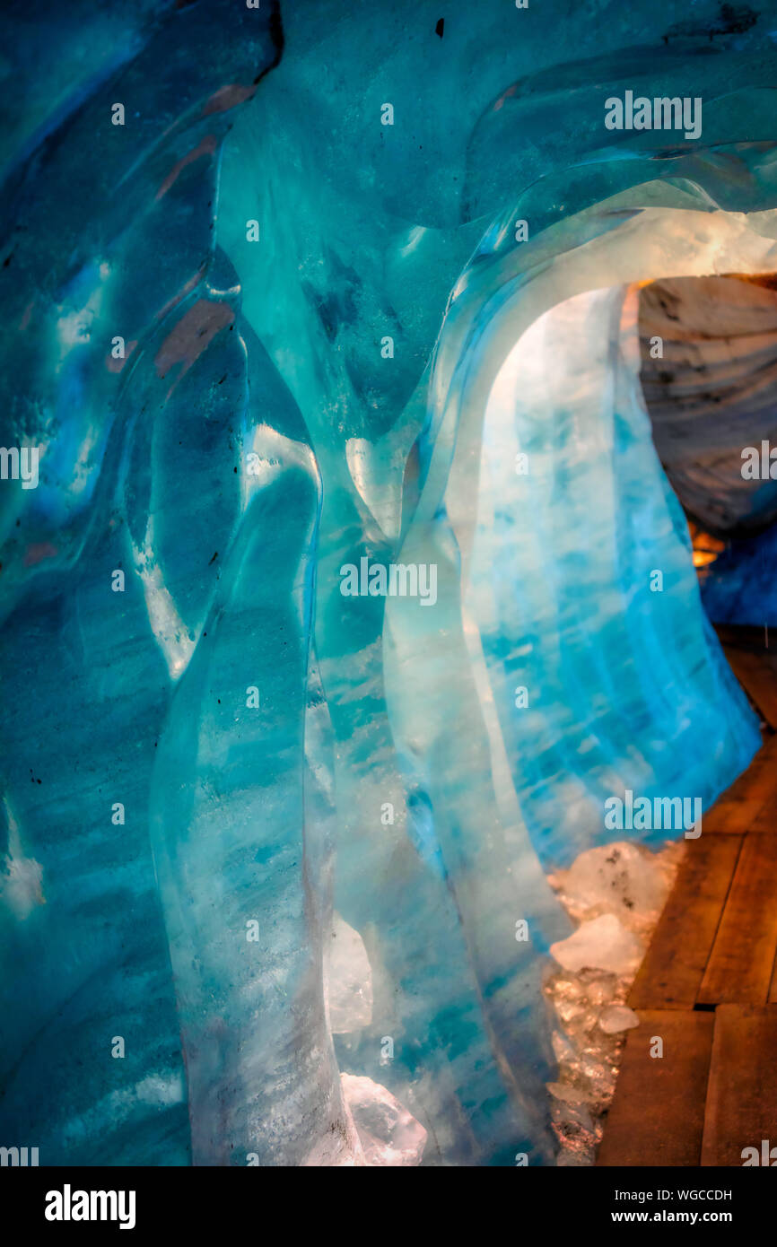 blue ice inside a cave under melting rhone glacier, switzerland Stock ...