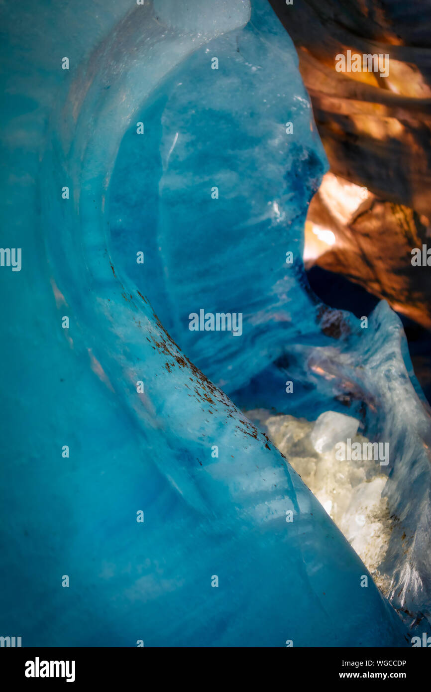 blue ice inside a cave under melting rhone glacier, switzerland Stock ...