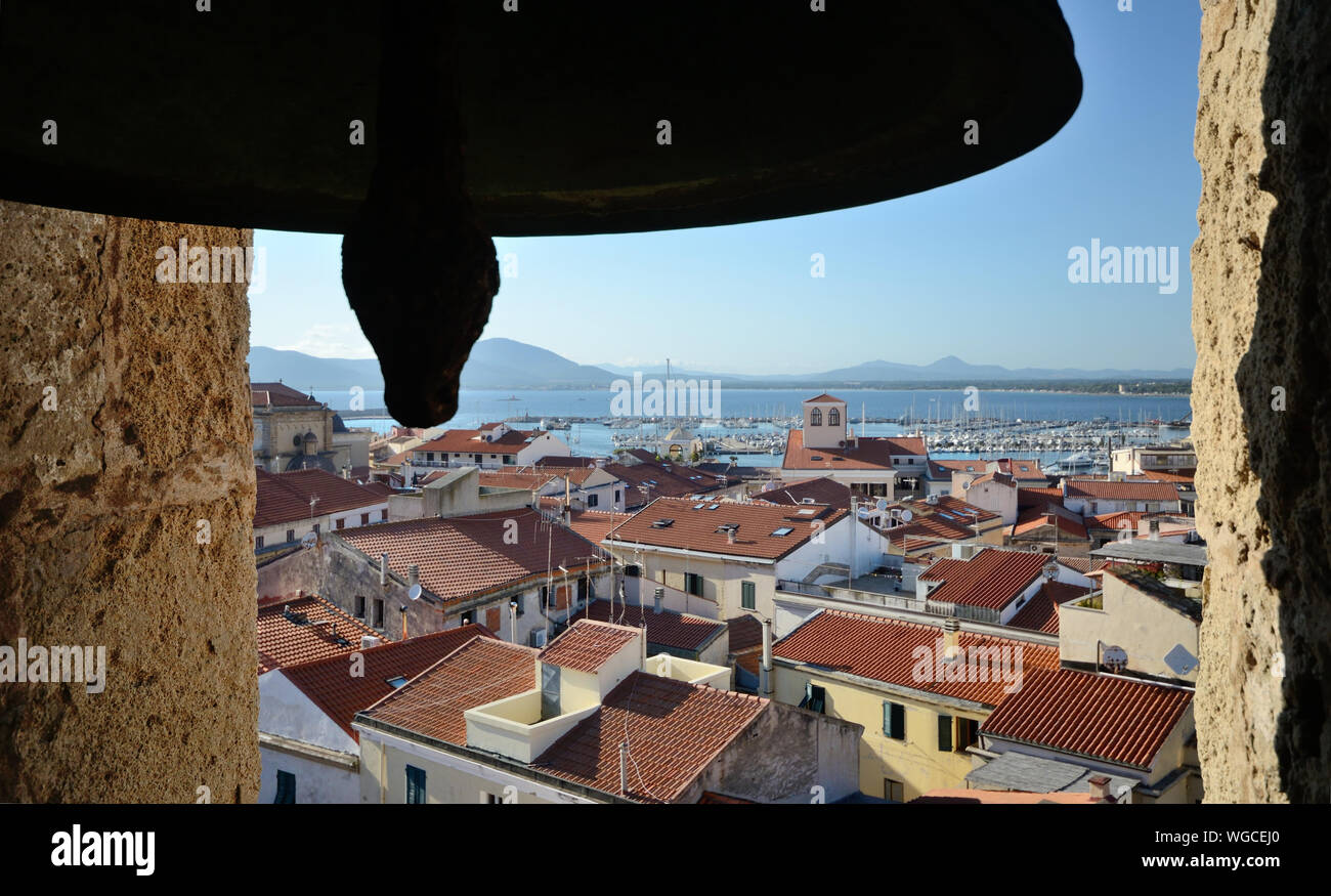 Aerial view of the city of Alghero, In Sardinia, from the steeple of ...