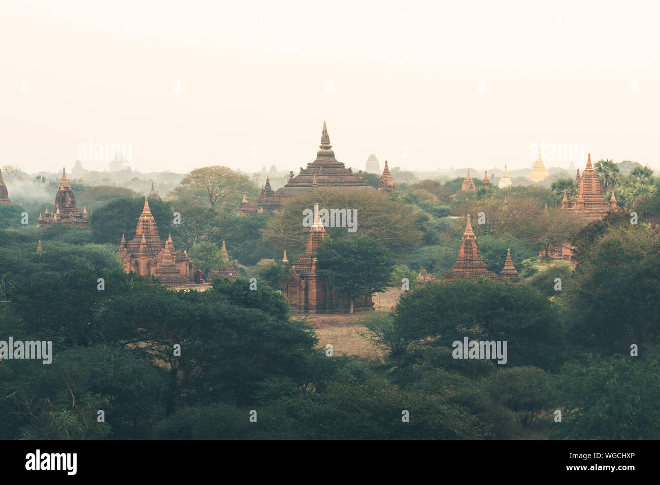 View over stupas and pagodas of ancient Bagan temple complex during ...