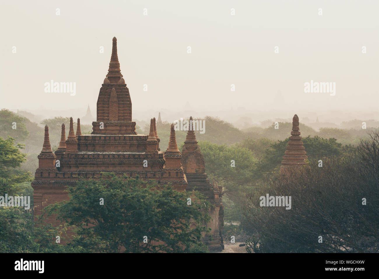 View over stupas and pagodas of ancient Bagan temple complex during ...