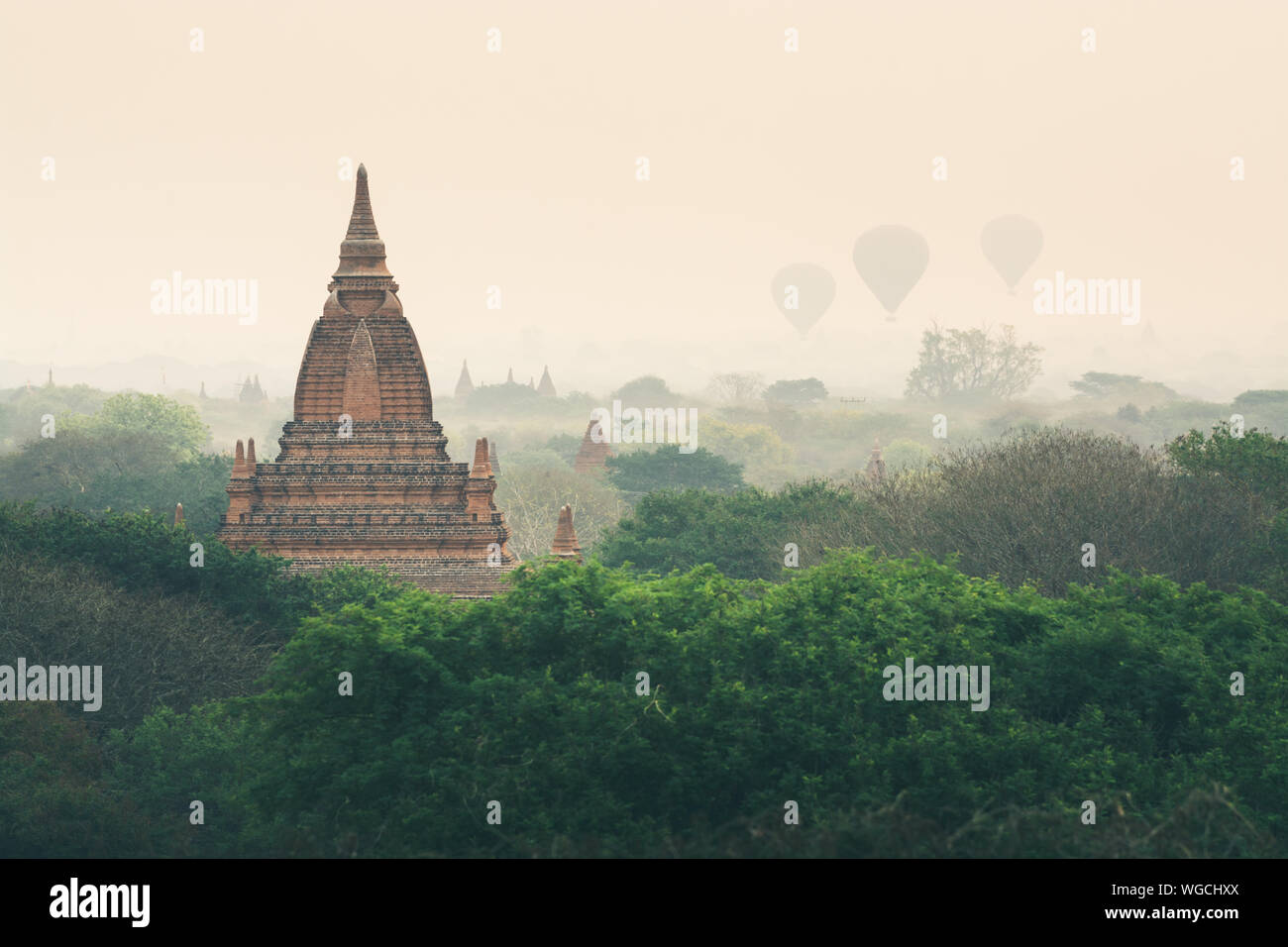 View over stupas and pagodas of ancient Bagan temple complex during ...
