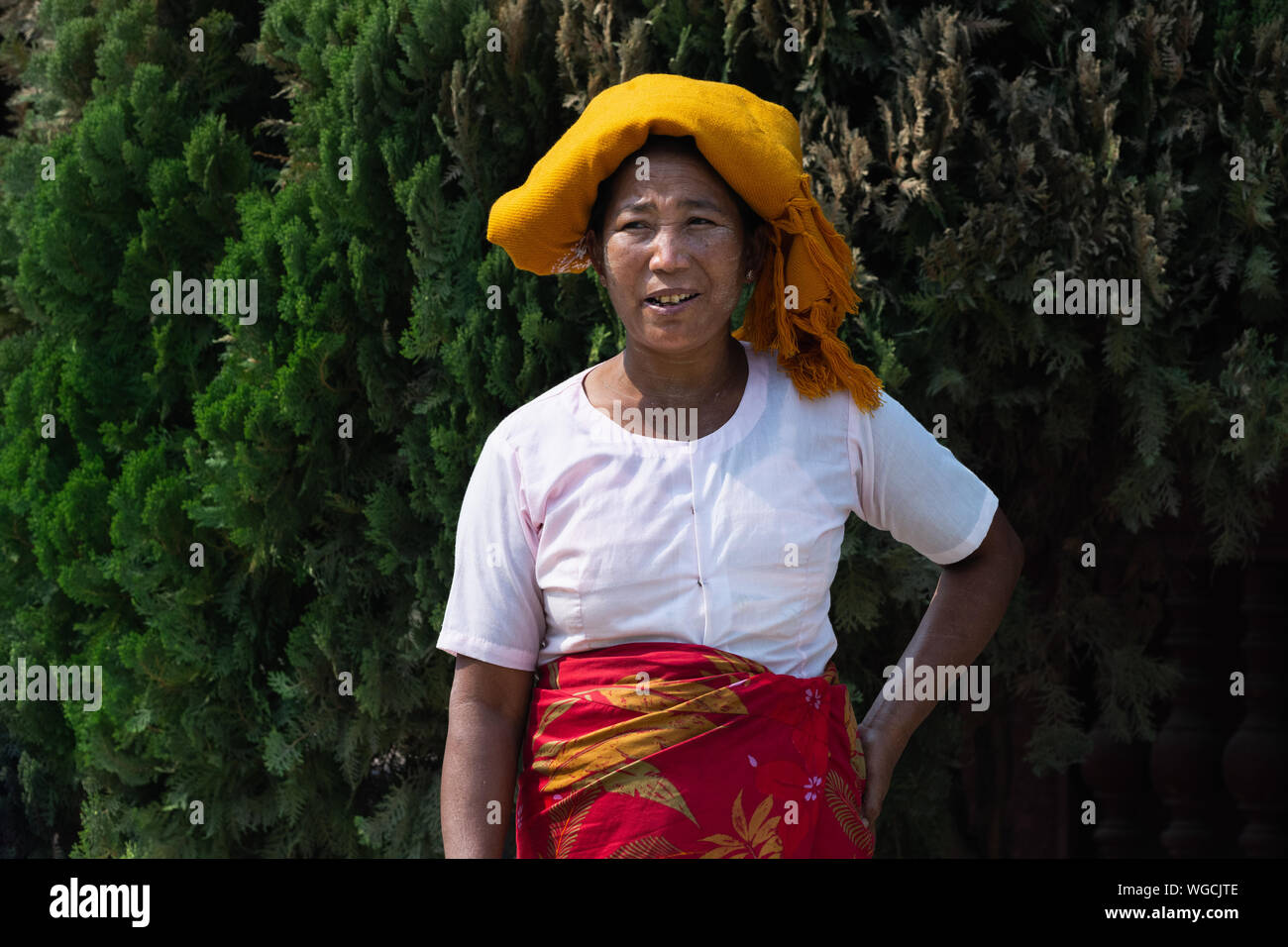 Mandalay, Myanmar - April 2019: portrait of Burmese woman with orange ...