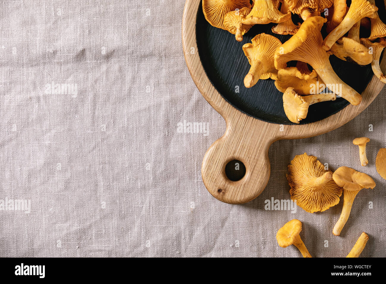Forest chanterelle mushrooms, raw uncooked, on wooden cutting board ...