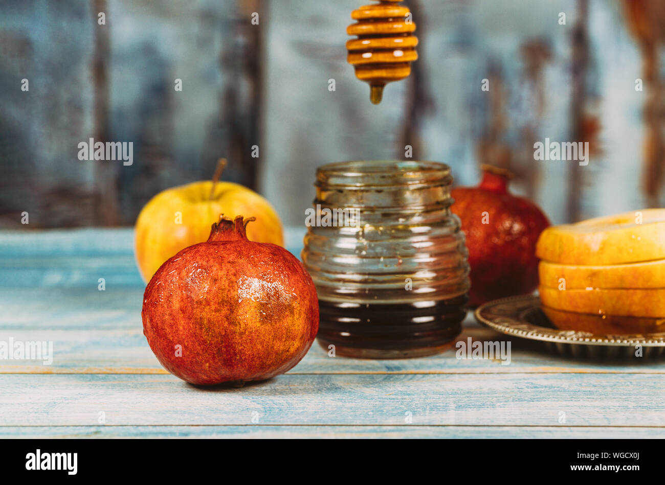 Honey, apple and pomegranate for traditional holiday symbols rosh ...