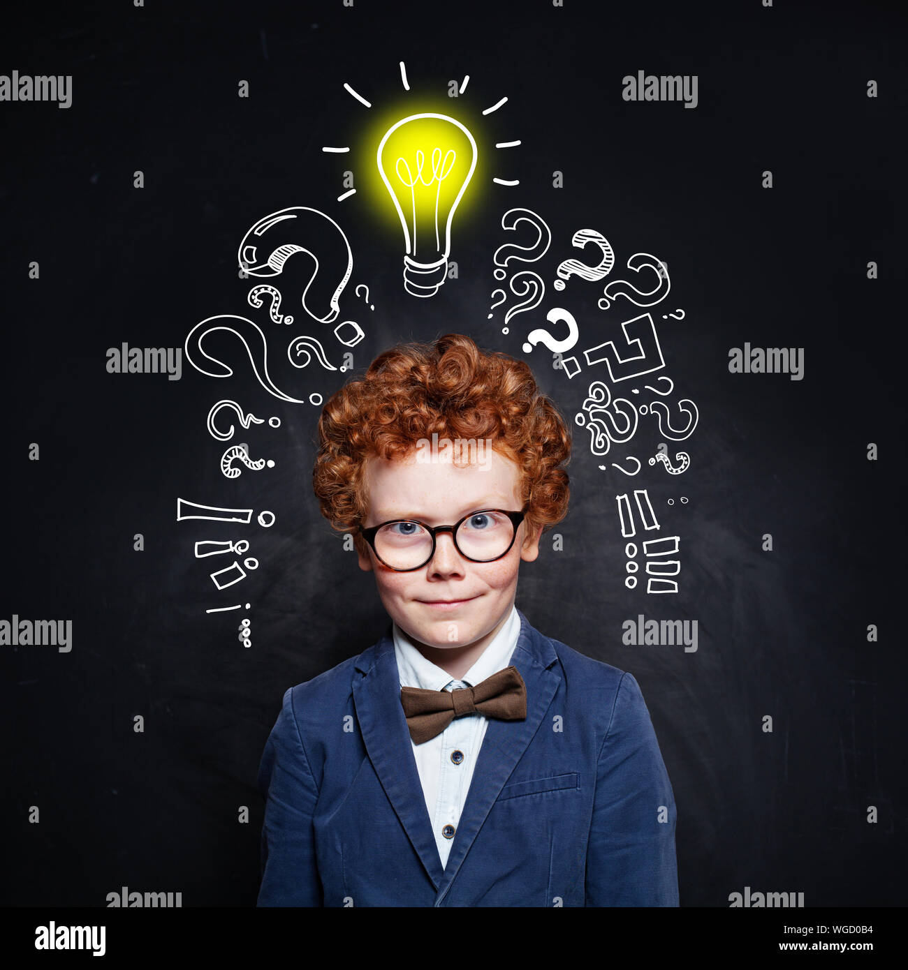 Smart child in school uniform and lightbulb, brainstorming and idea ...
