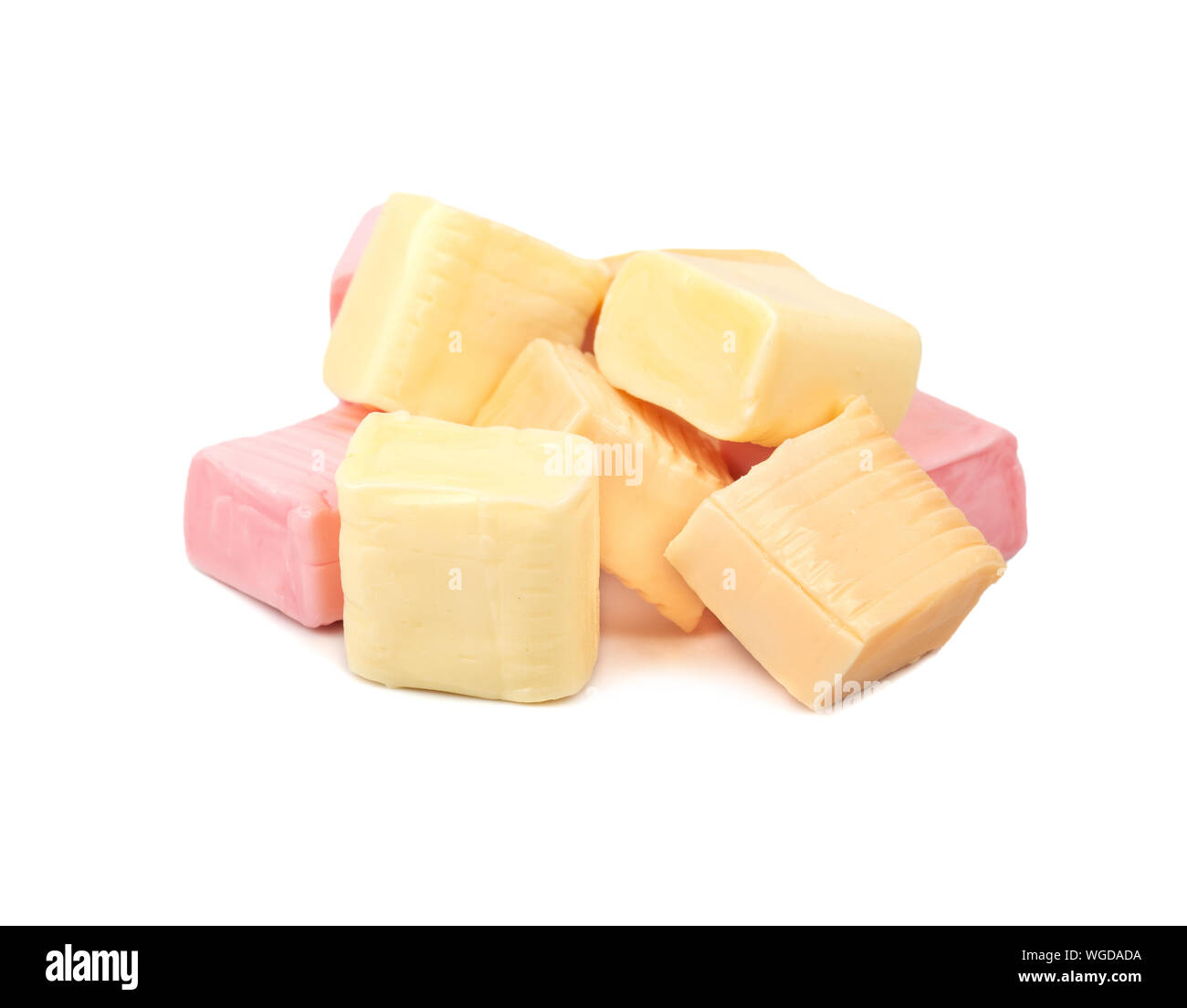 Bunch of square chewing candies on a white background Stock Photo - Alamy