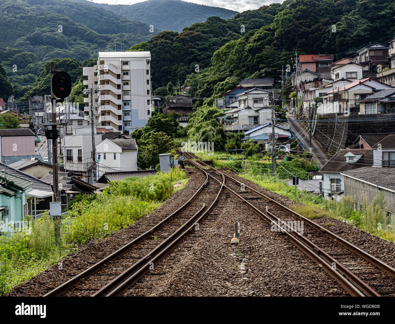Looking up the Matsuura line from the Kita-Sasebo station platform. The ...