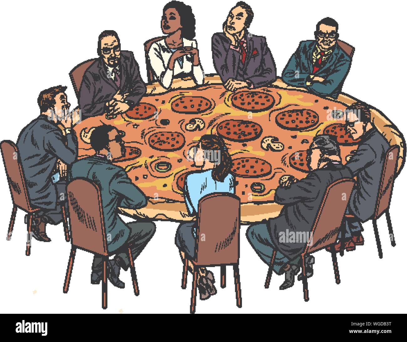 pizza sausage mushrooms. The business lunch concept. Pop art retro ...