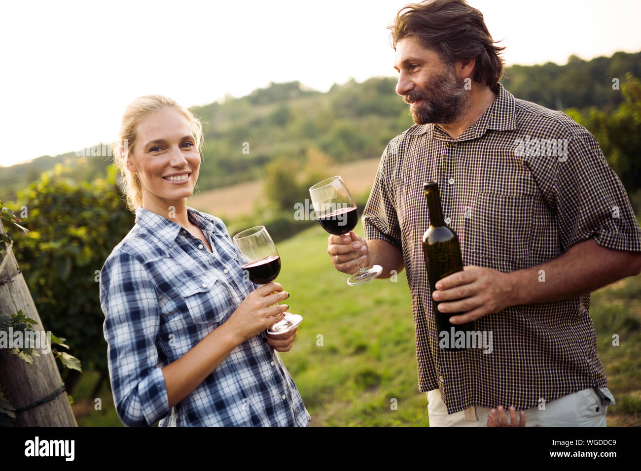 Wine growers tasting nice wine in vineyard Stock Photo - Alamy