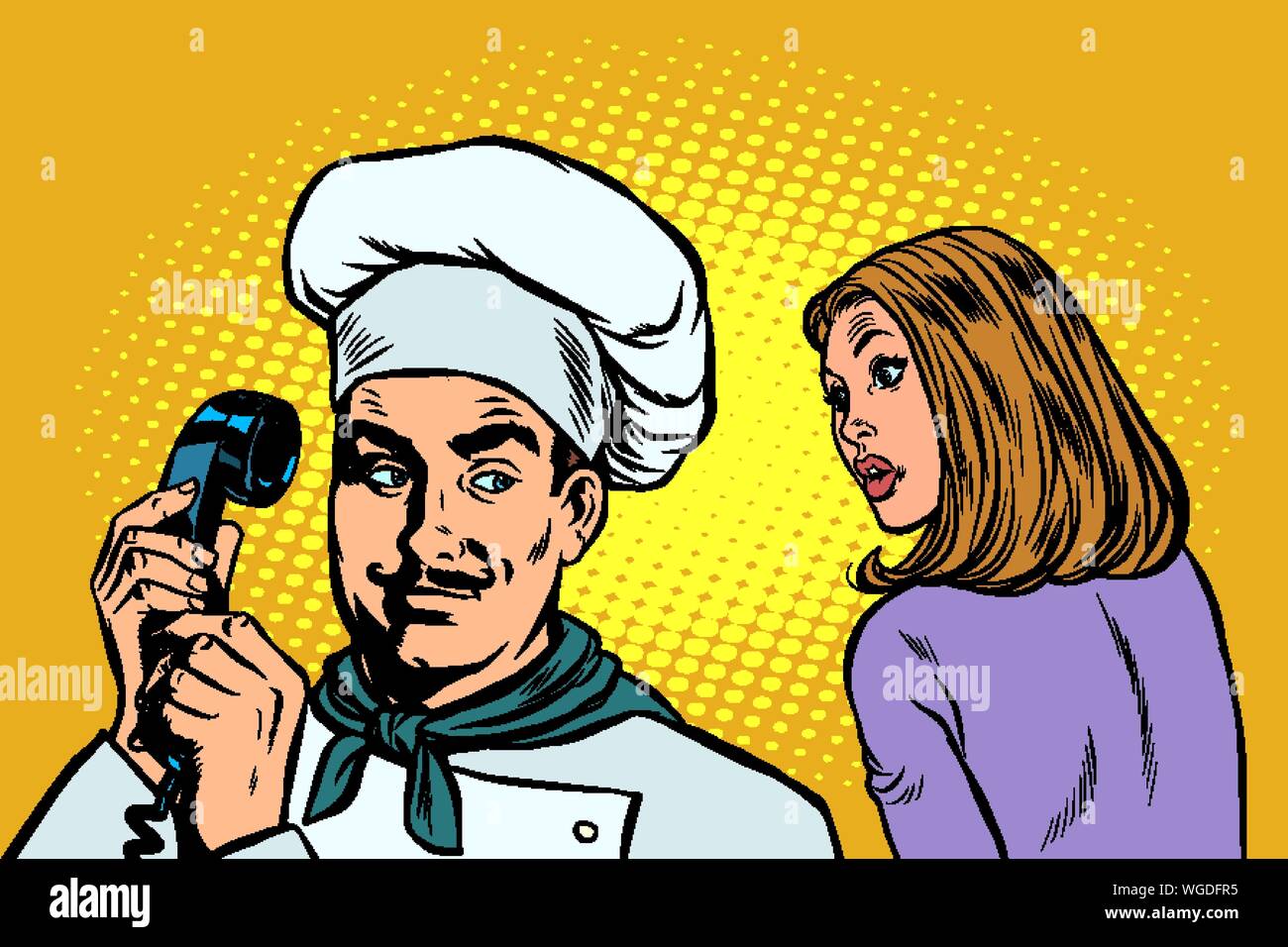 chef on the phone, a woman client listens. Pop art retro vector ...
