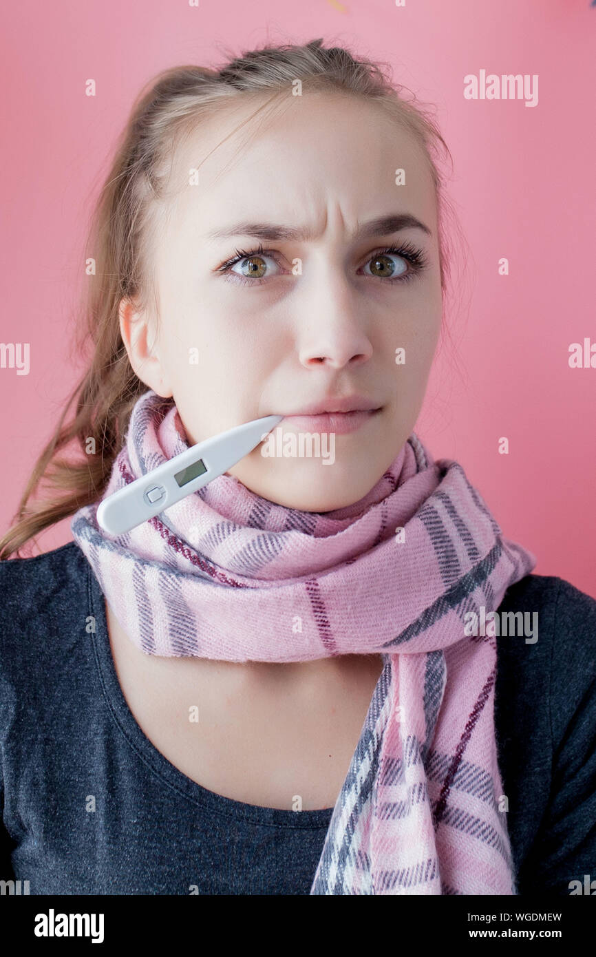 Flu cold grippe. Woman having high temperature. Sick girl with fever ...