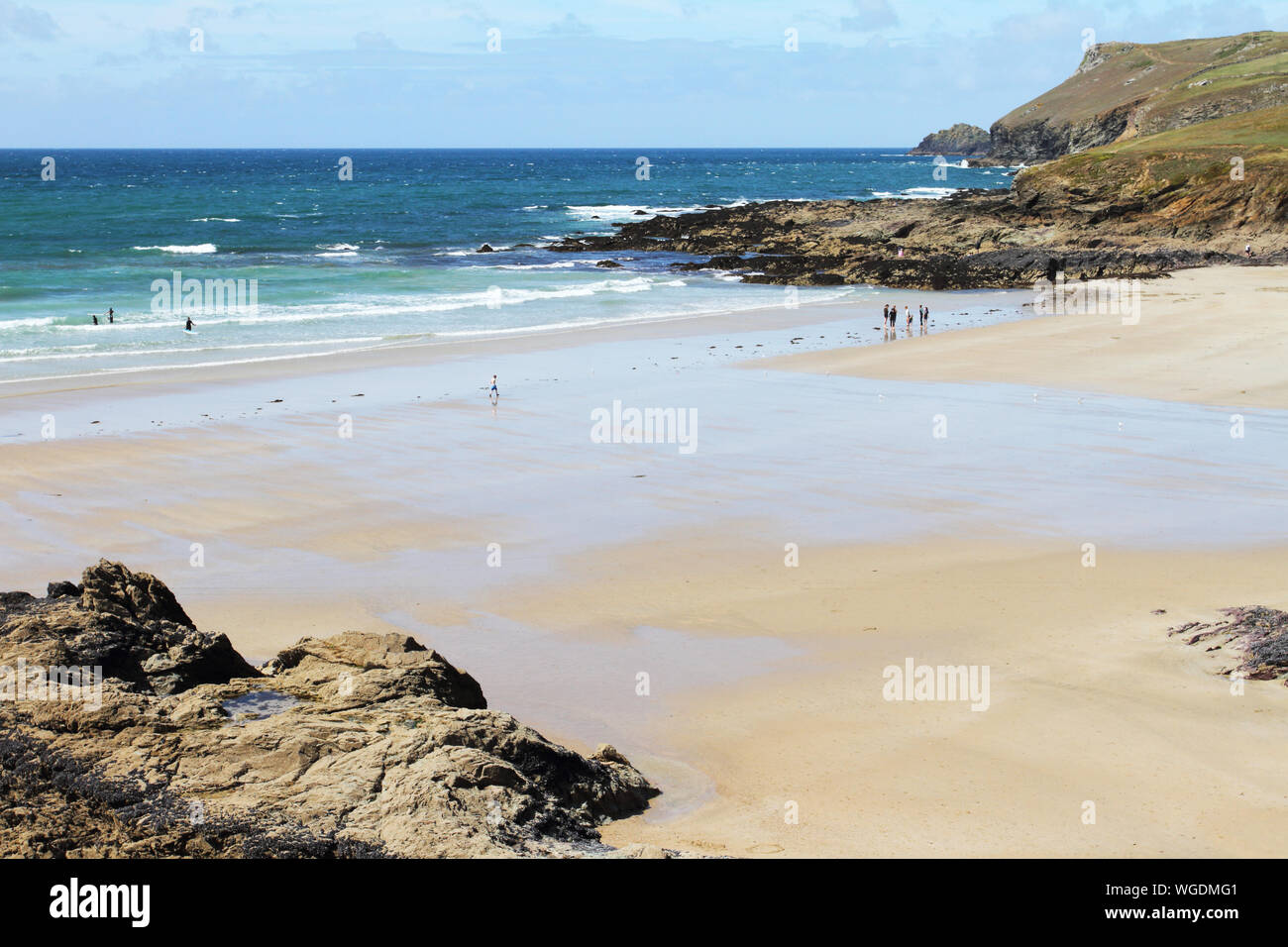 Surfing beach views at Polzeath, on the North Coast of Cornwall Stock ...