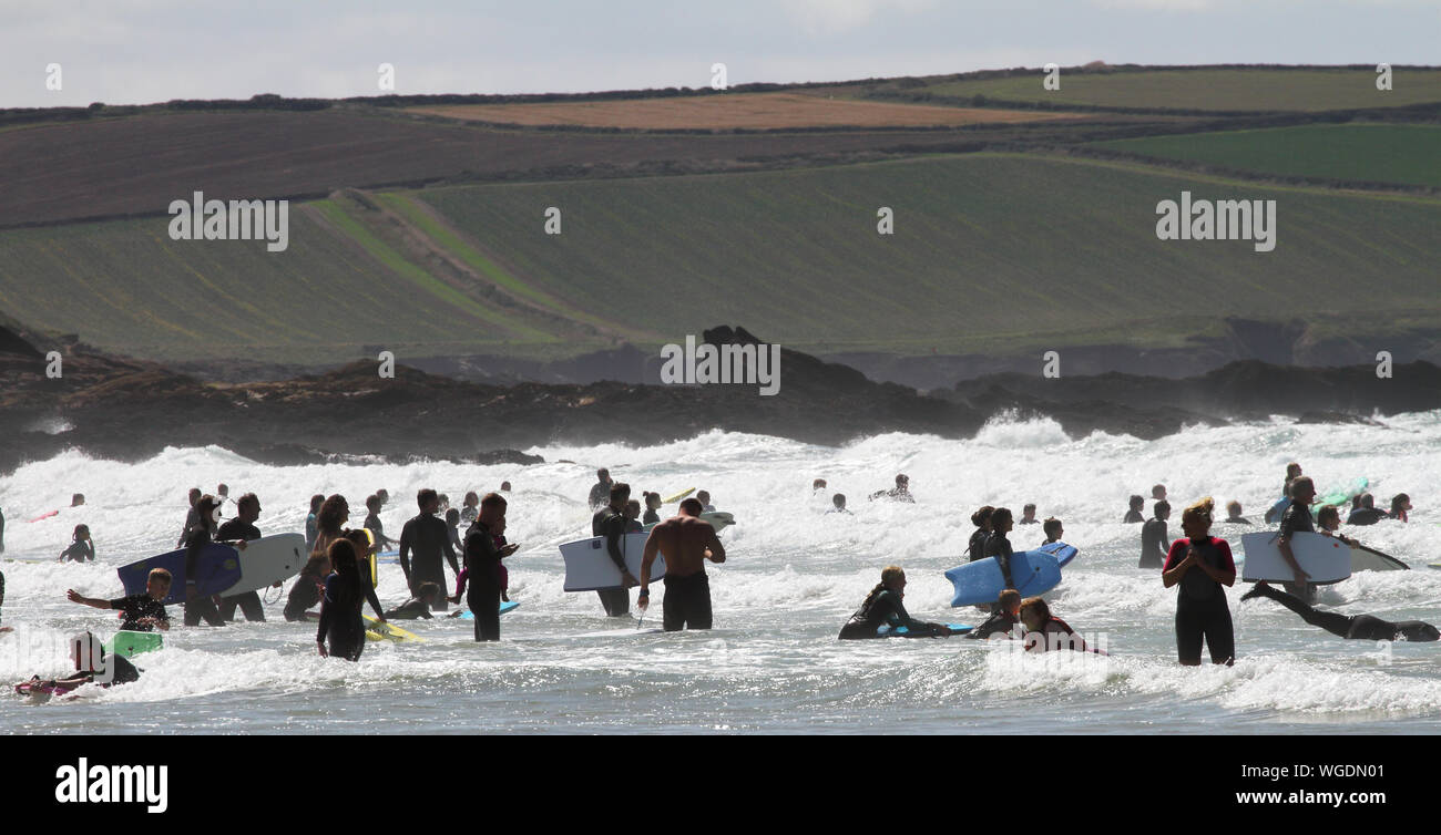 Surfing beach views at Polzeath, on the North Coast of Cornwall Stock ...
