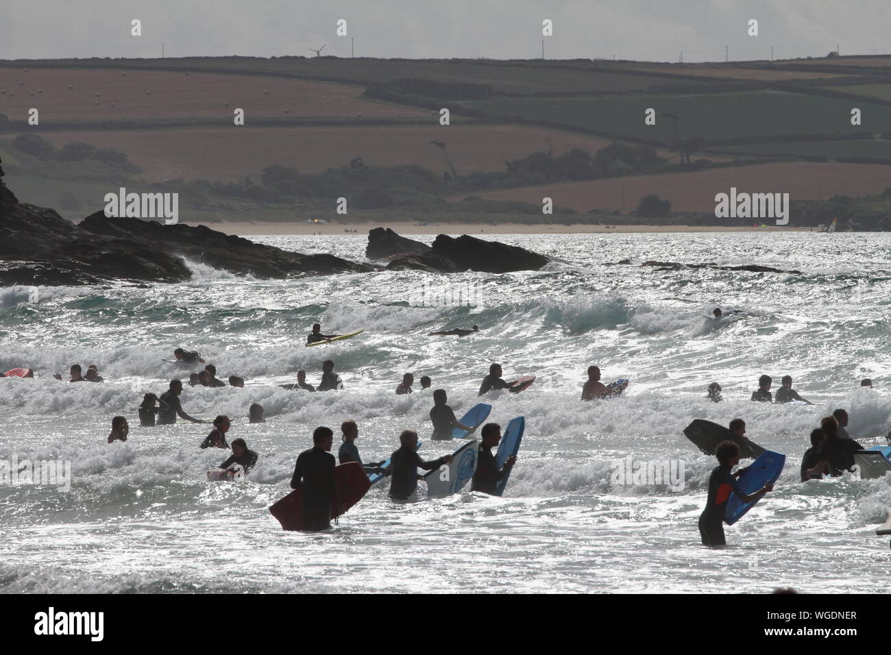 Surfing beach views at Polzeath, on the North Coast of Cornwall Stock ...