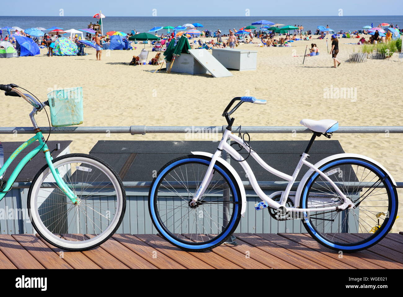 OCEAN GROVE, NJ -10 AUG 2019- View of the boardwalk along the beach in ...