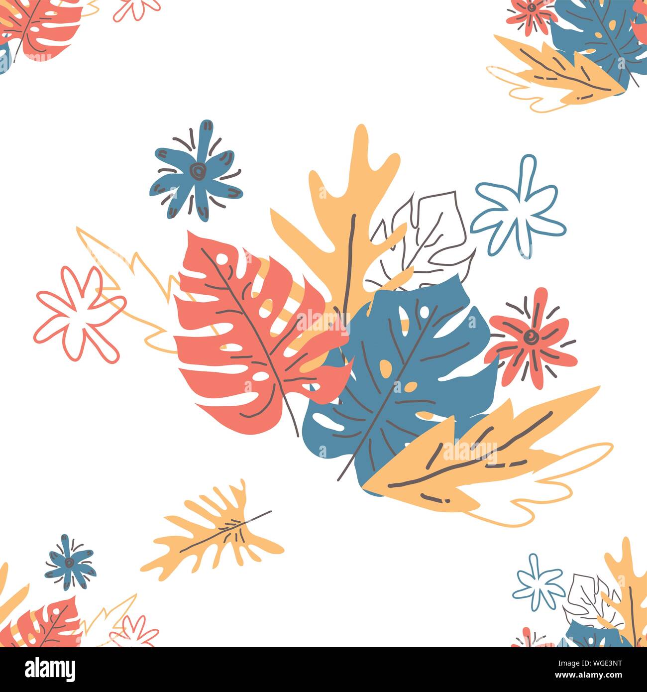 Exotic leaves hand drawn seamless pattern. Tropical plant drawing ...