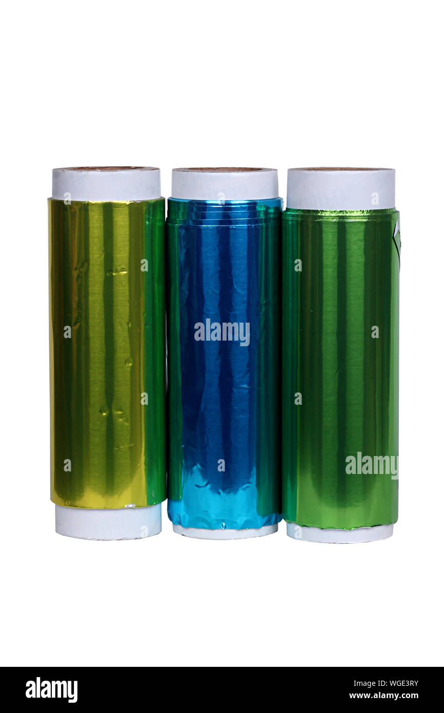 Photo of colored aluminum foil roll on white background Stock Photo - Alamy