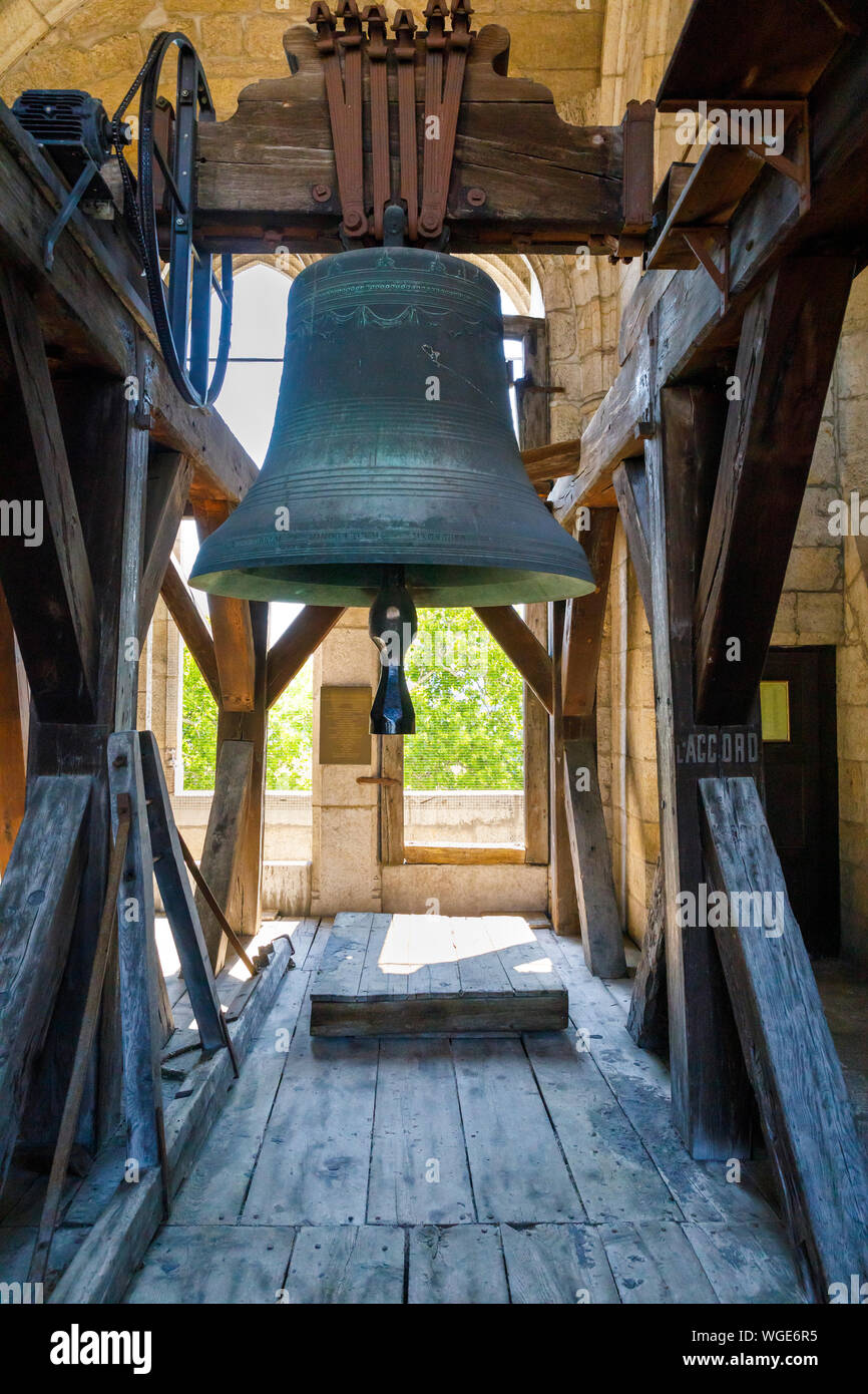 Large metal bell in St. Peter's cathedral tower in Geneva, Switzerland ...