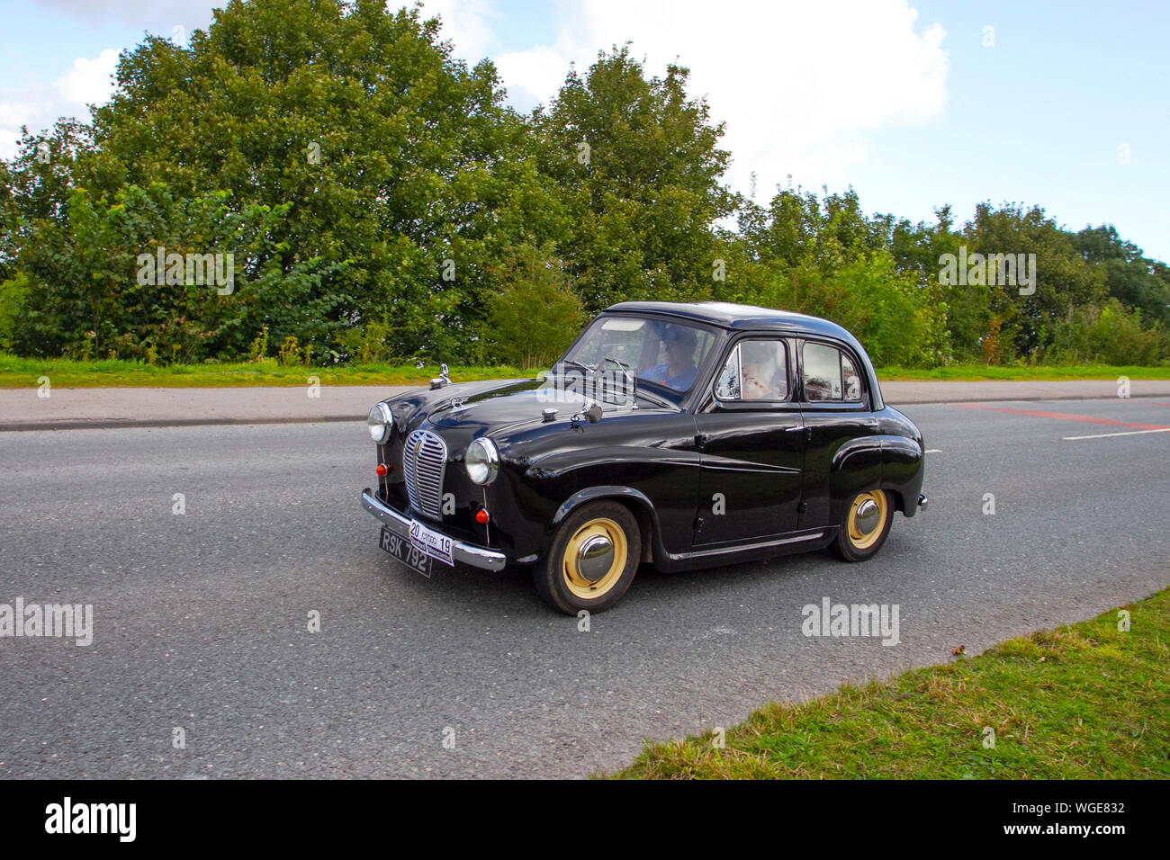 1955 50s Black Austin driving; Bradford to Morecambe Charity vintage ...