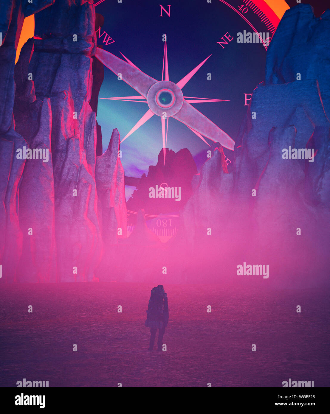 Direction of life,Person looking at giant compass on the mountain ...