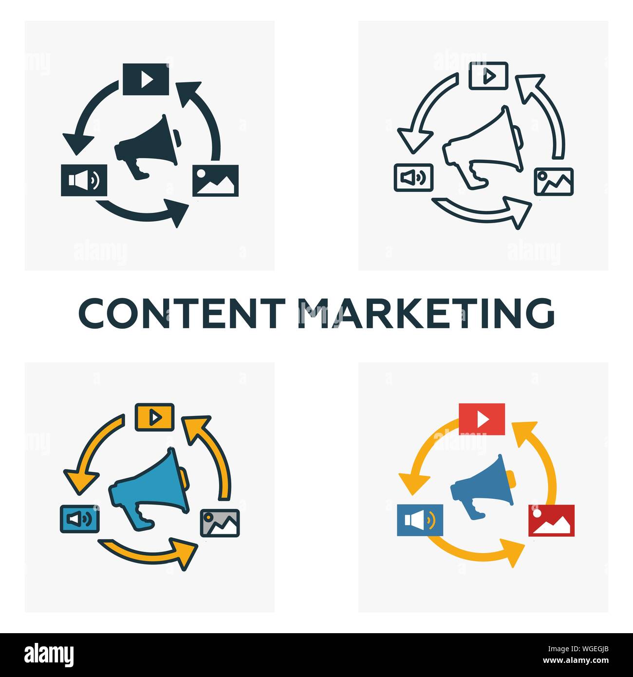 Content Marketing icon set. Four elements in diferent styles from ...