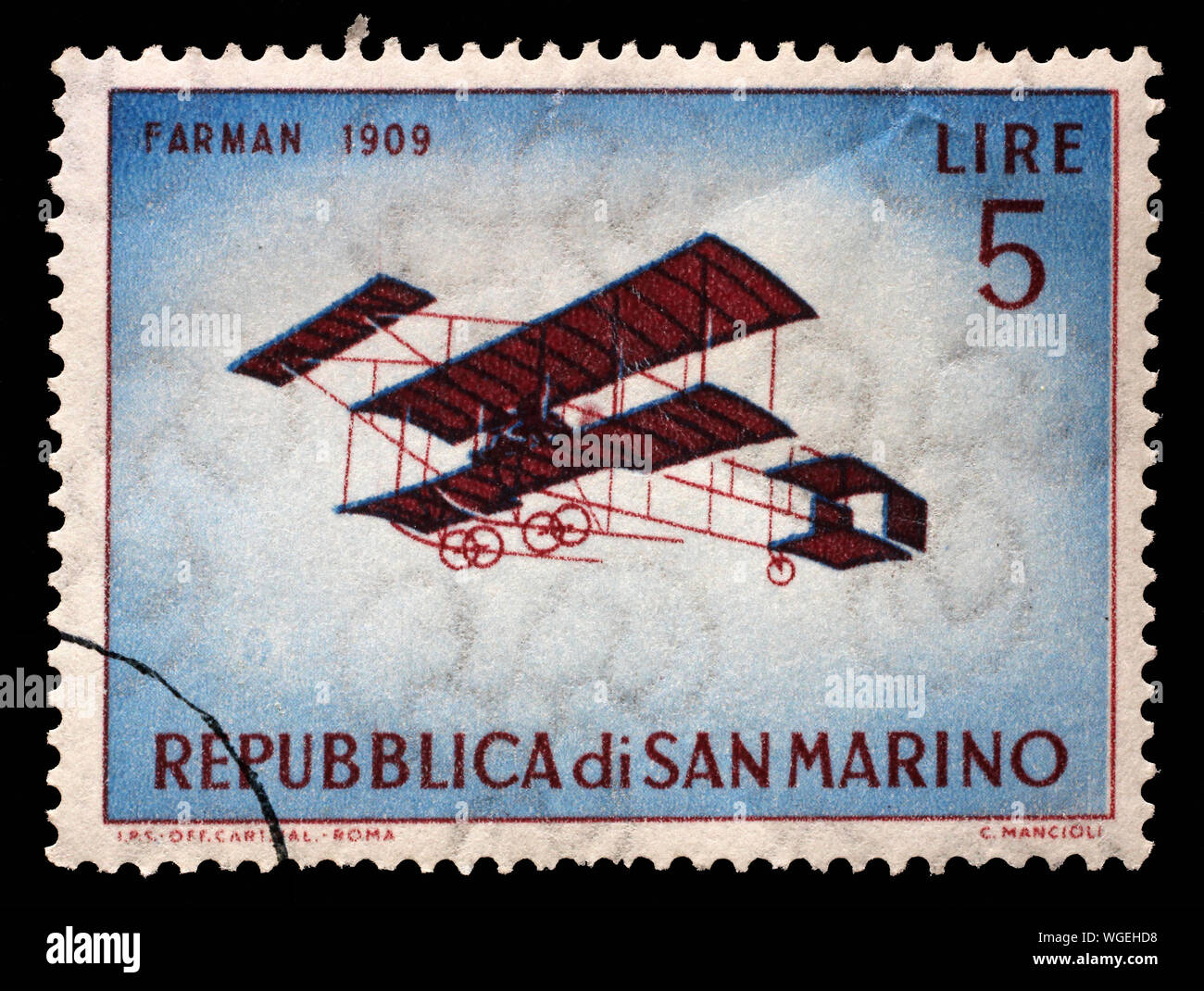 Stamp issued in San Marino shows Henri Farman H.F.III biplane 1909 ...