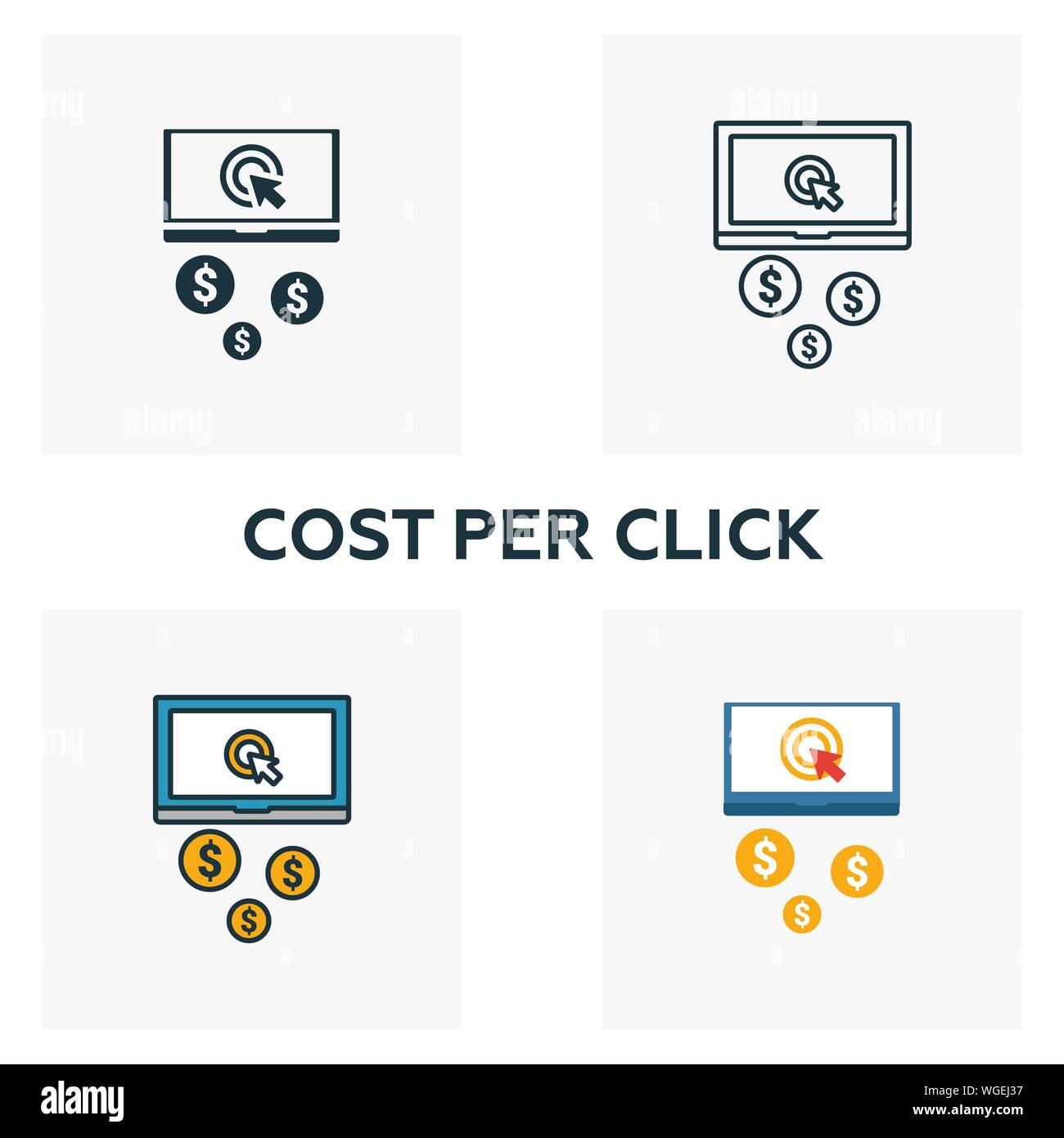 Cost Per Click icon set. Four elements in diferent styles from content ...