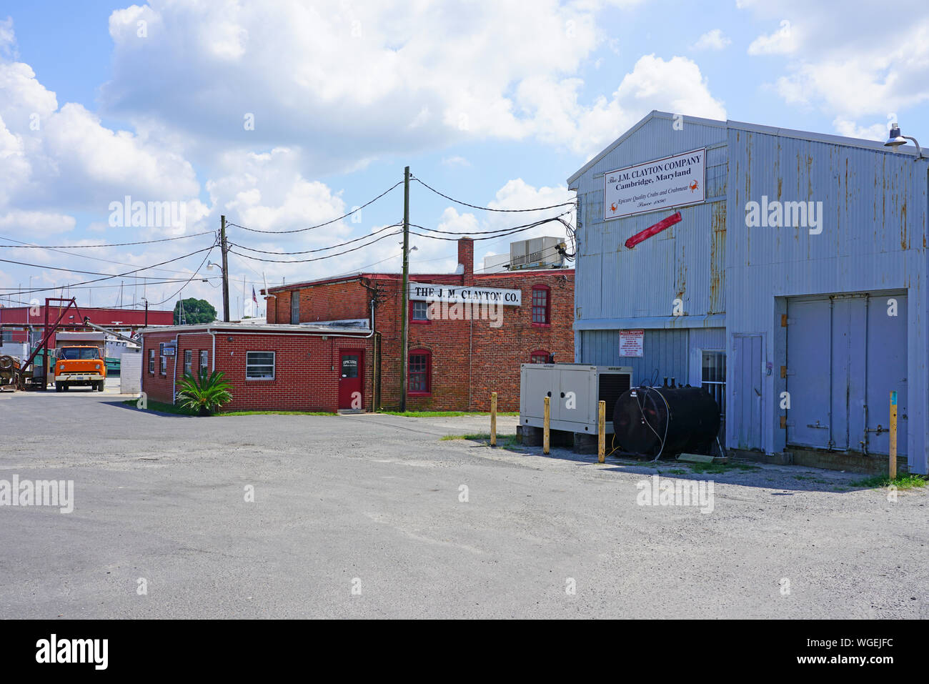 CAMBRIDGE, MD -17 AUG 2019- View of the J.M Clayton crab company ...