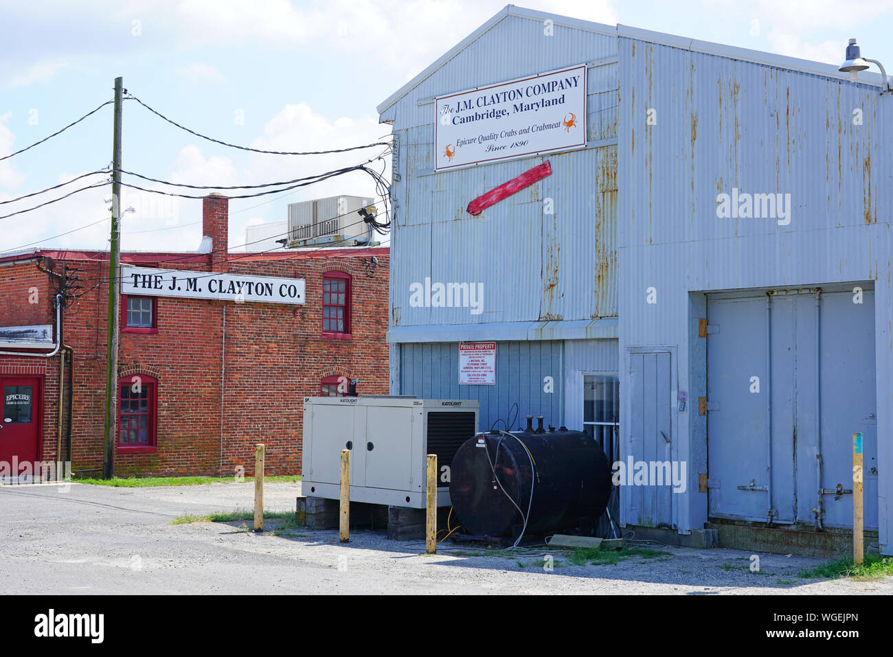 CAMBRIDGE, MD -17 AUG 2019- View of the J.M Clayton crab company ...