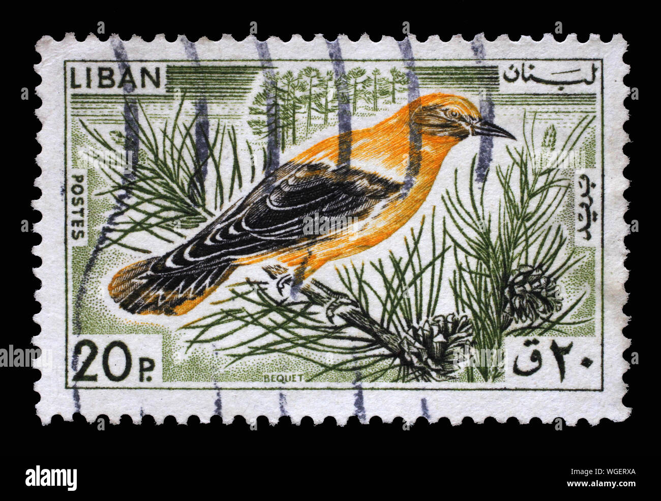Stamp issued in the Lebanon shows Golden oriole bird (Oriolus oriolus ...
