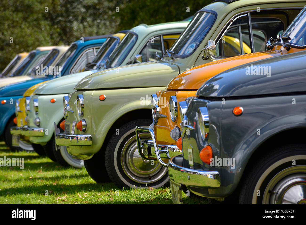 Colourful line up of classic Fiat 500 cars at a car show, UK Stock ...