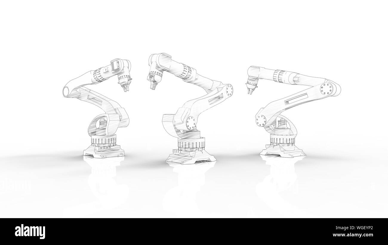 3D rendering of multiple views of a robot arm isolated in white studio ...