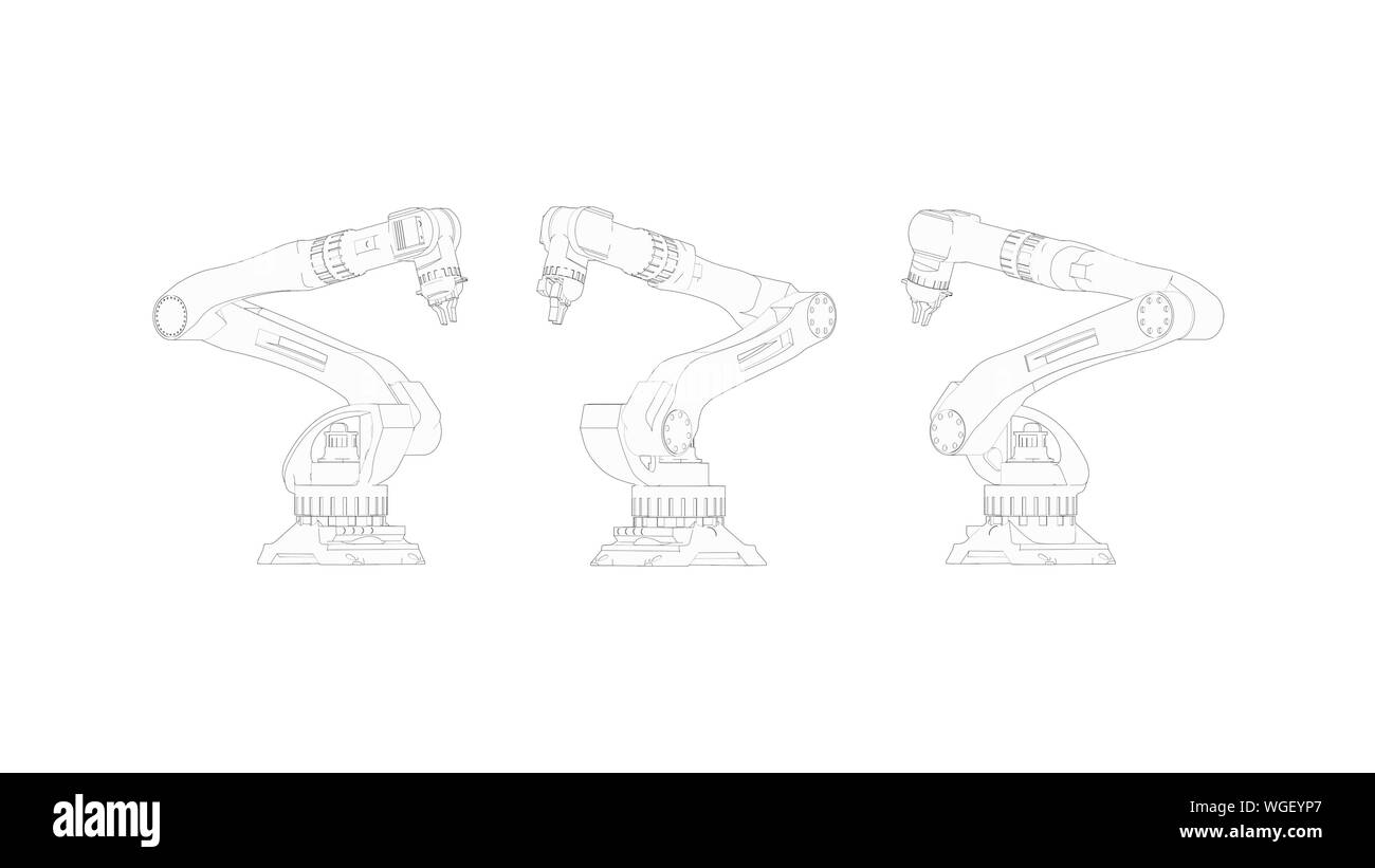 3D rendering of multiple views of a robot arm isolated in white studio ...