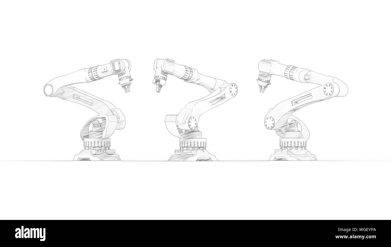 3D rendering of multiple views of a robot arm isolated in white studio ...