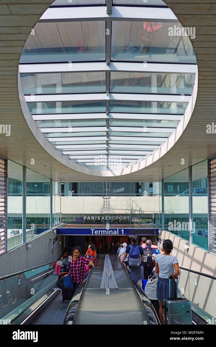 PARIS, FRANCE -21 AUG 2019- View of the Terminal 1 at the Roissy ...