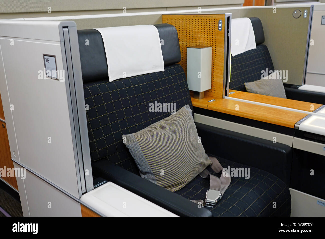 ZURICH, SWITZERLAND -21 AUG 2019- A luxury seat inside the First Class ...
