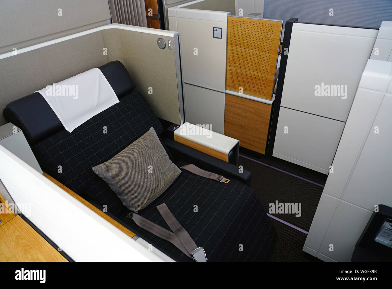 ZURICH, SWITZERLAND -21 AUG 2019- A luxury seat inside the First Class ...