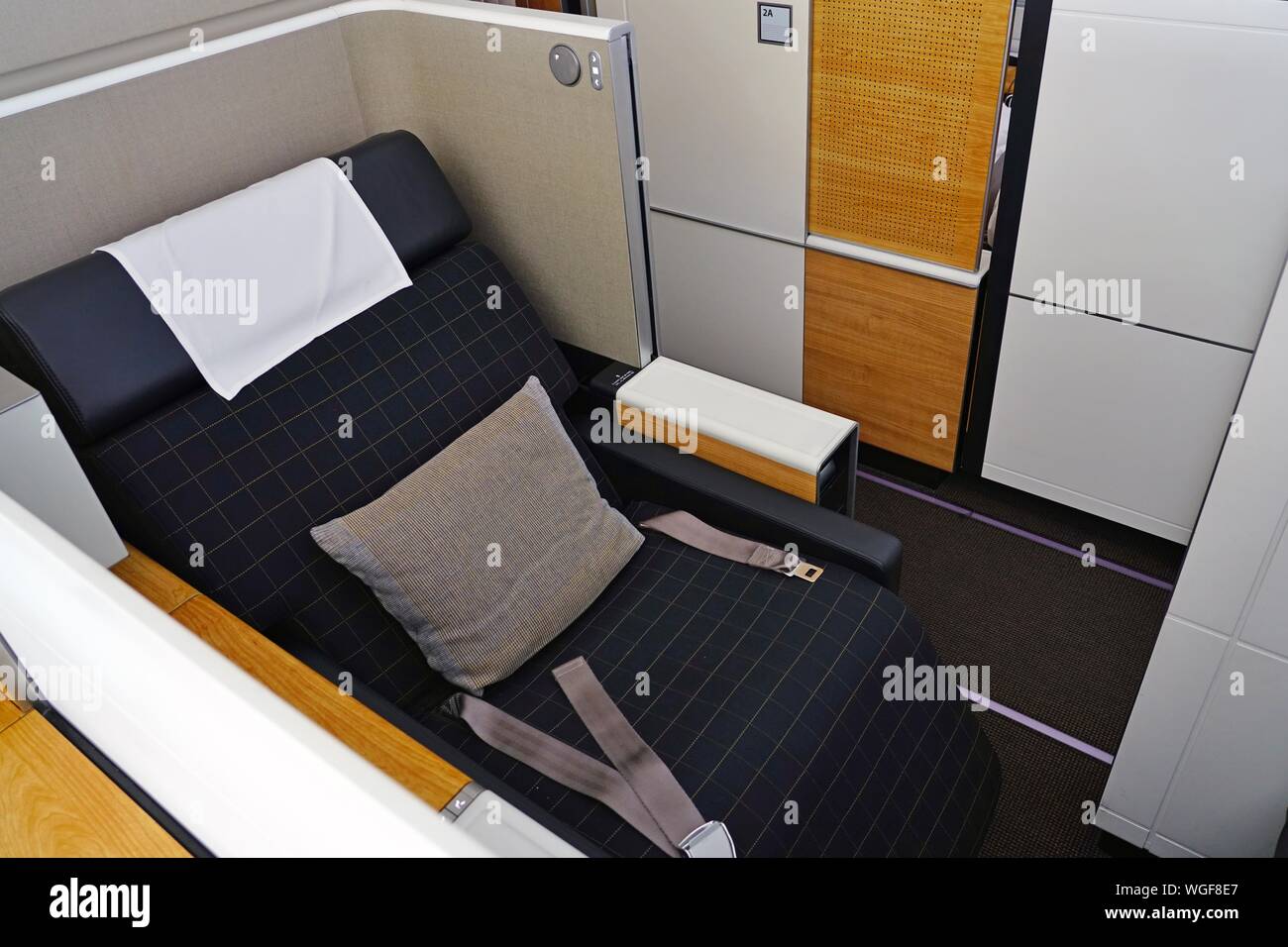 ZURICH, SWITZERLAND -21 AUG 2019- A luxury seat inside the First Class ...