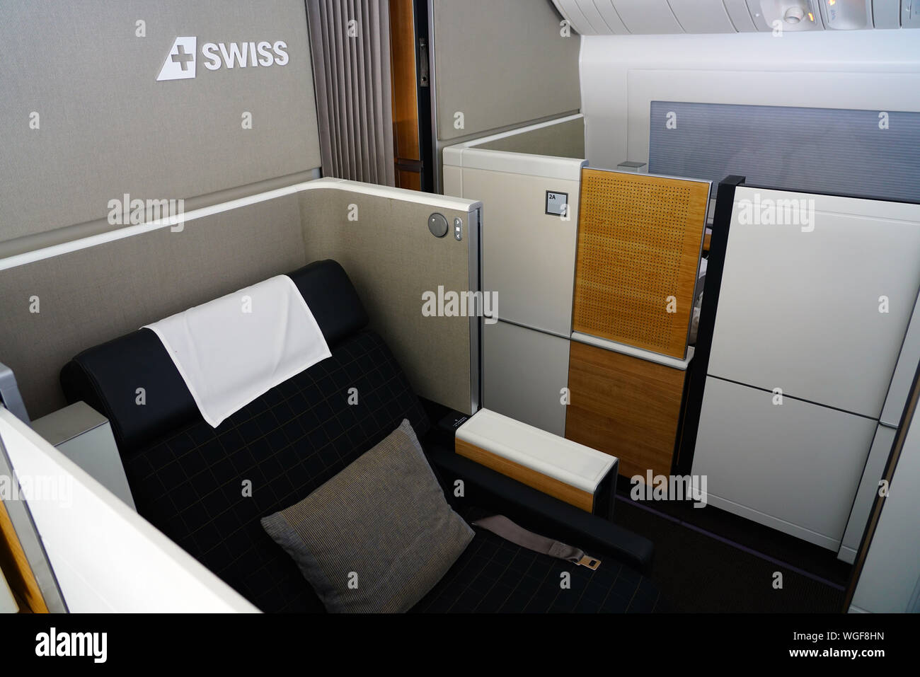ZURICH, SWITZERLAND -21 AUG 2019- A luxury seat inside the First Class ...