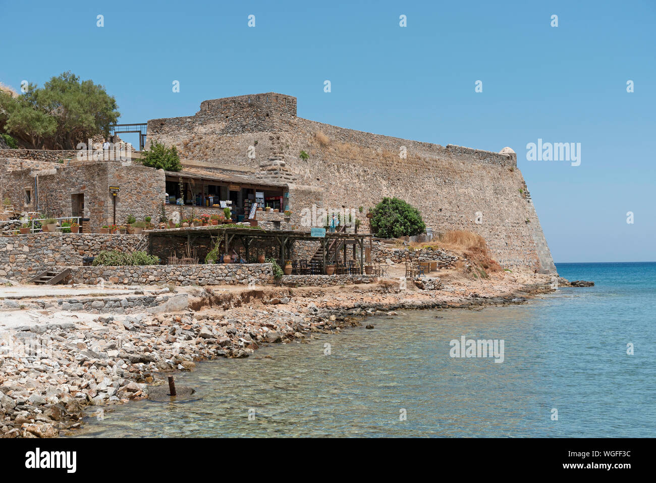Spinalonga island, Crete, Greece. Fortifications, cafe and snack bar ...