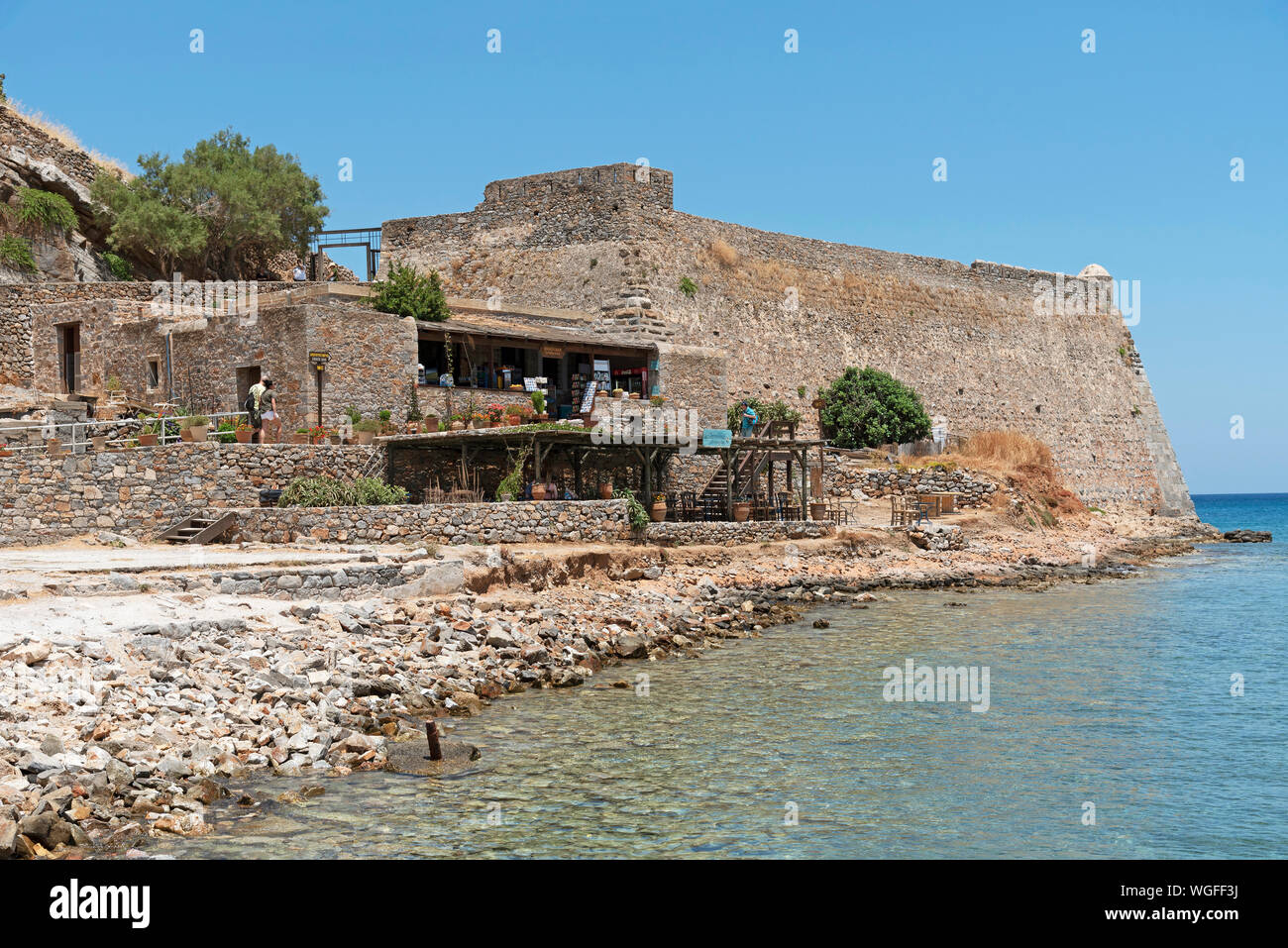 Spinalonga island, Crete, Greece. Fortifications, cafe and snack bar ...