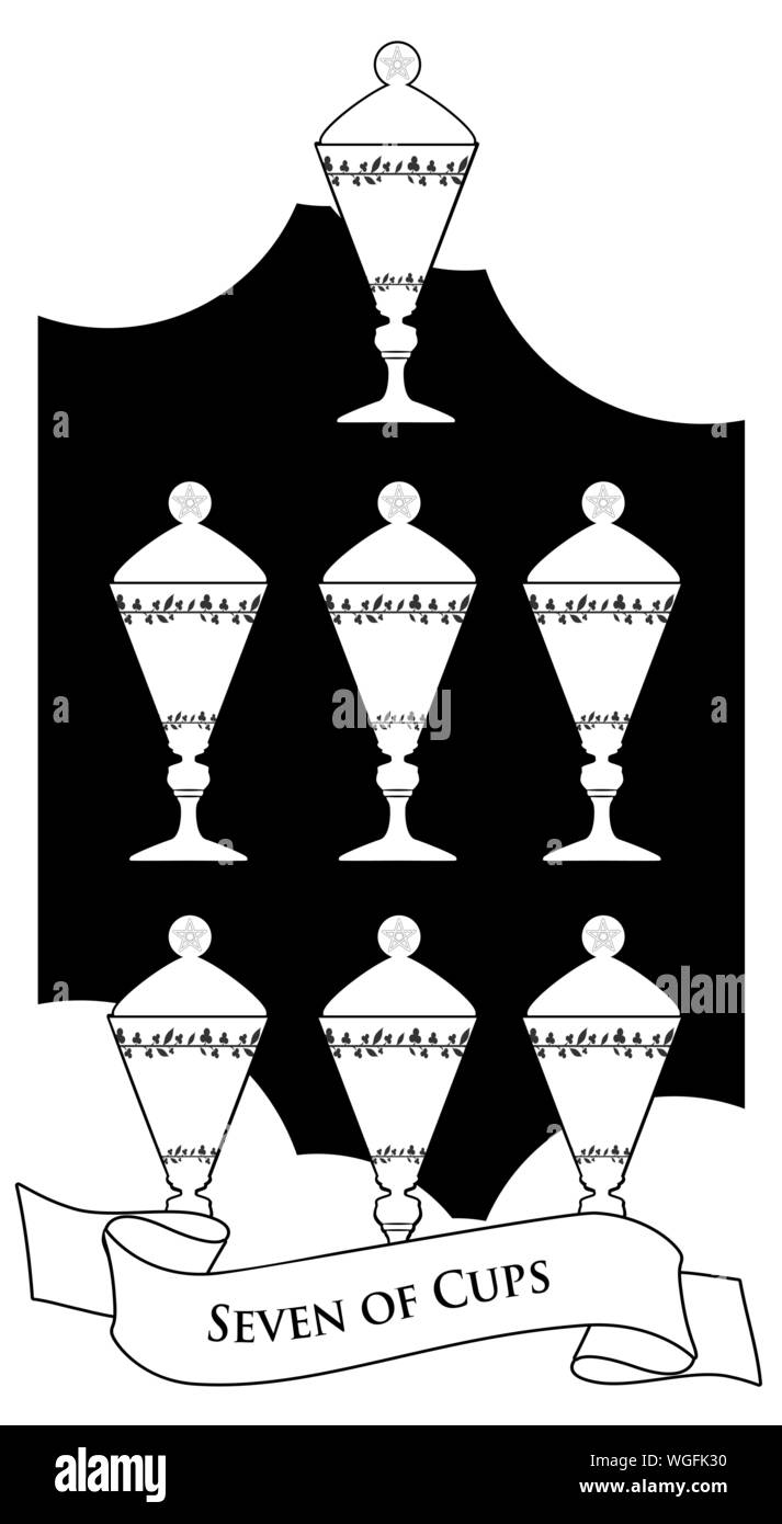 Seven of cups. Tarot cards. Seven cups with a lid, golden and shiny on ...