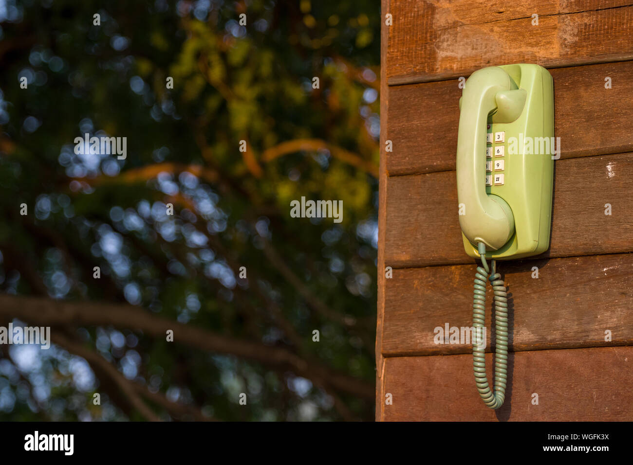 Wood telephone wall hi-res stock photography and images - Alamy